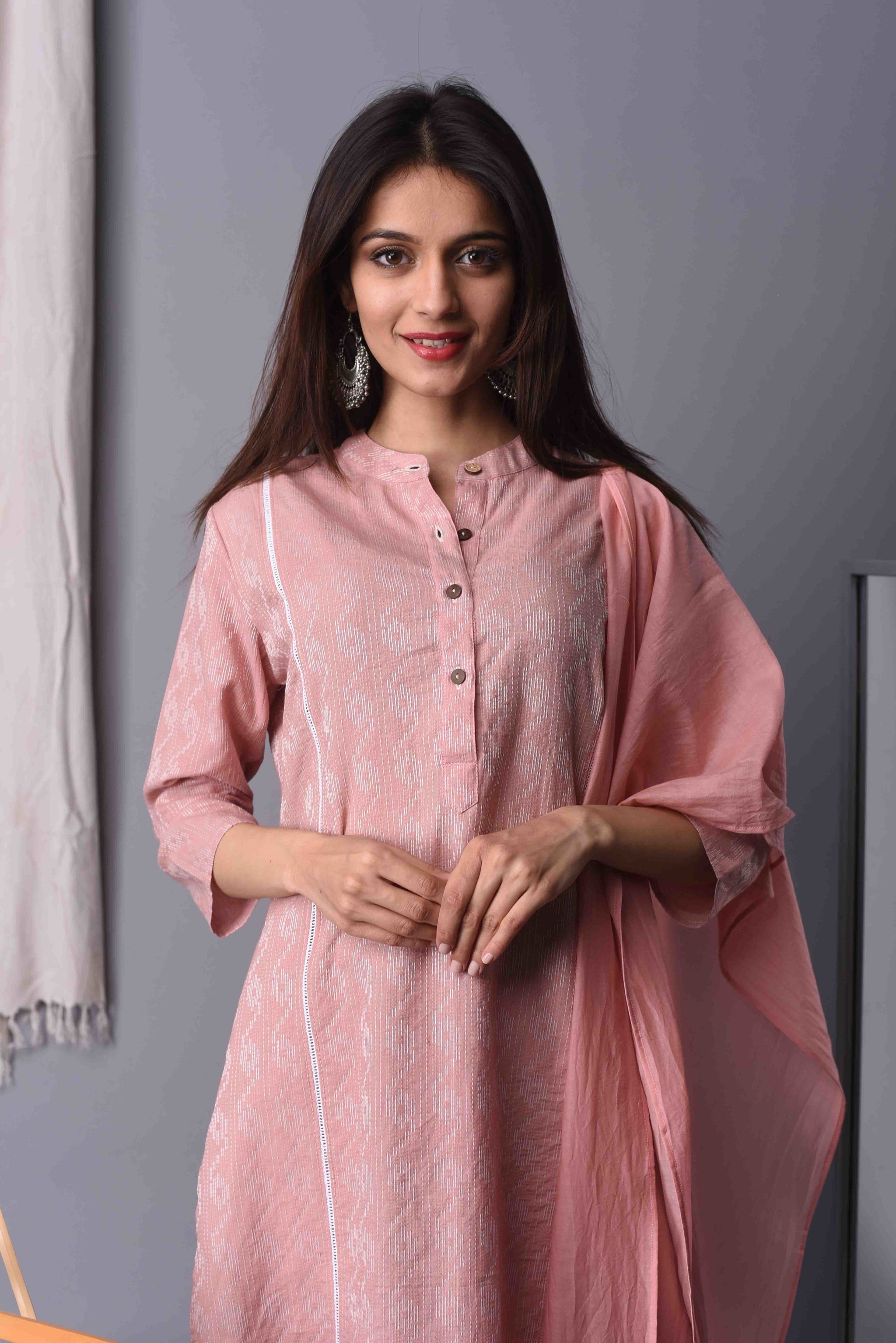 Onion Pink Kantha Kurta With Pant & Dupatta